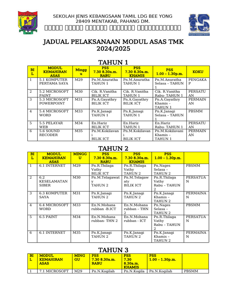 Jadual Pelaksanaan Modul Asas TMK 2023 | PDF