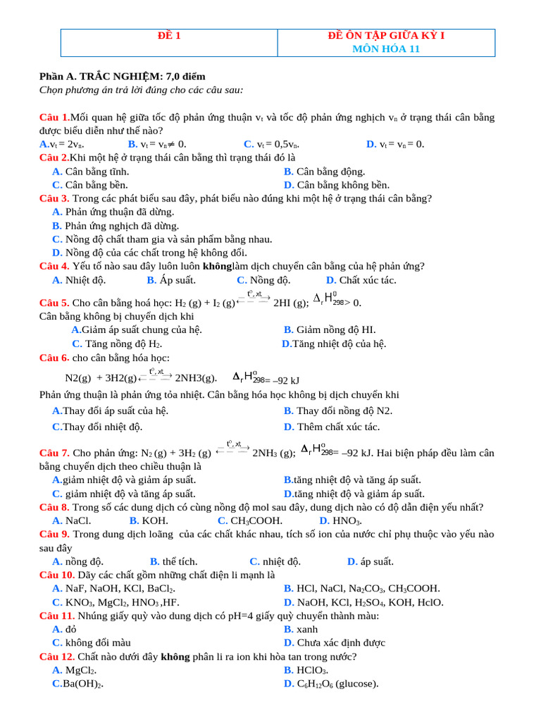 Đề Ôn Kiểm Tra Gk1 Hóa 11 | PDF