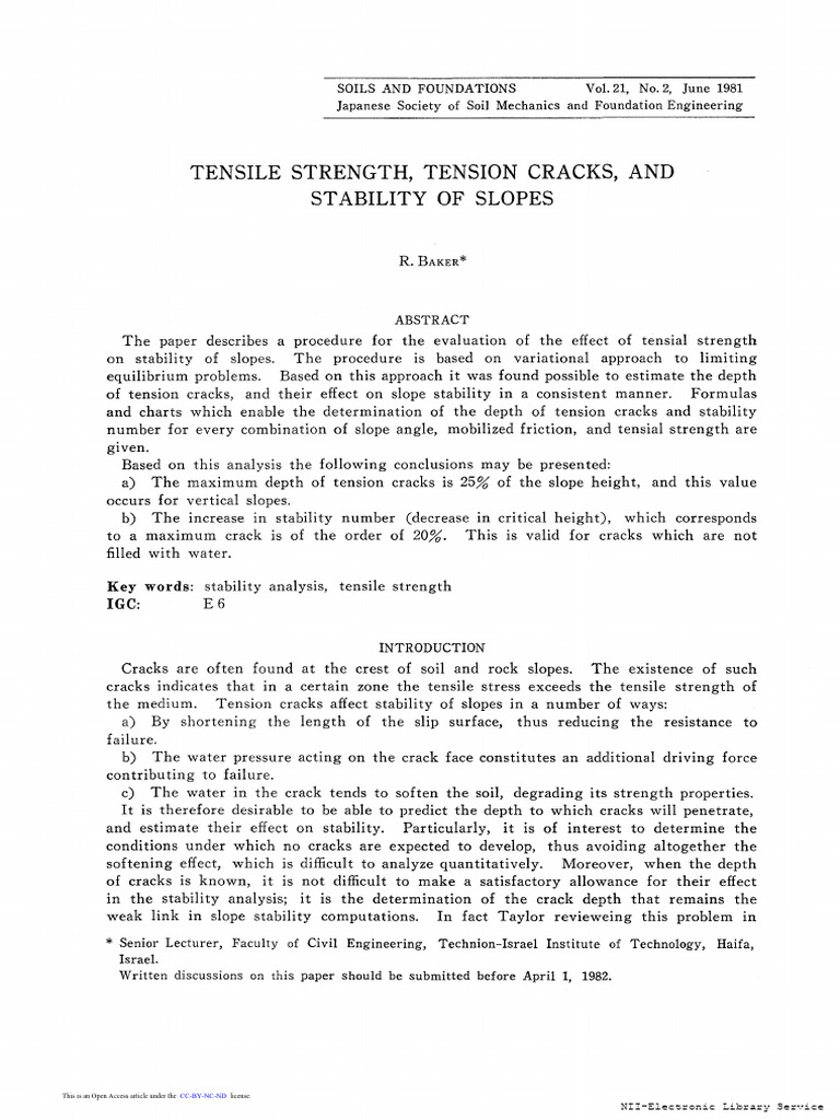 Baker 1981 Tensile Strength, Tension Cracks, and Stability of Slopes ...