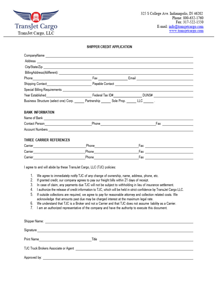 TransJet Cargo Shipper Credit Application | PDF | Cargo | Limited ...