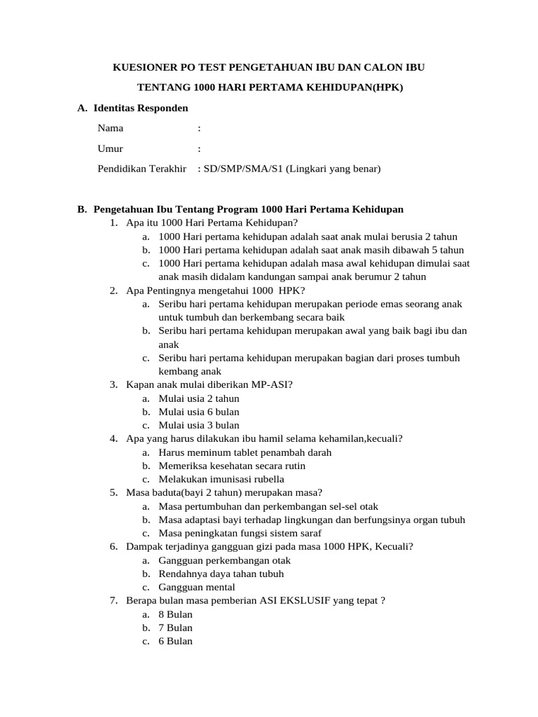 Kuesioner Pre Test Pengetahuan Ibu Dan Calon Ibu | PDF