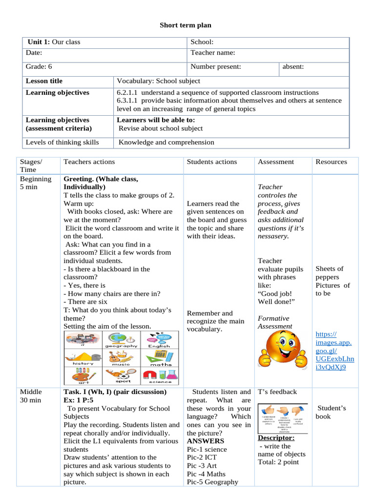 6th Grade Lesson Plan: Classroom Vocabulary | PDF | Reading ...