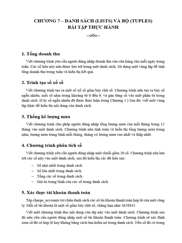 Chương 7 - Bài Tập Lists Và Tuples | PDF