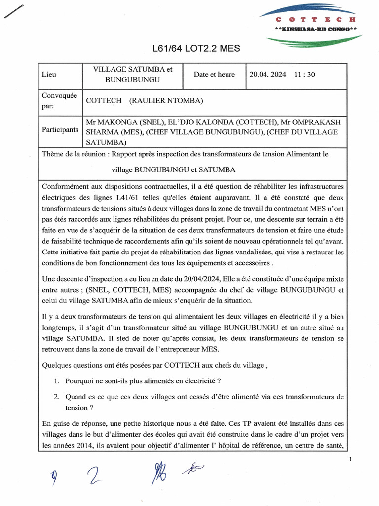 Rapport Apres Inspection Des Transformateurs de Potentiel Du Village ...