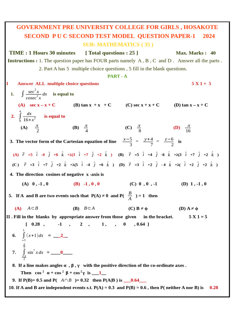 2024 Math Model Test Paper for Girls | PDF | Trigonometric Functions ...