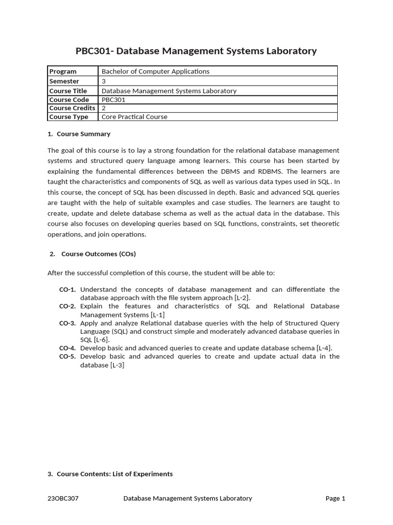 BCA - 3rdsem - PBC301 - Database Management Systems Laboratory - Umesh Tiwari | PDF | Databases ...