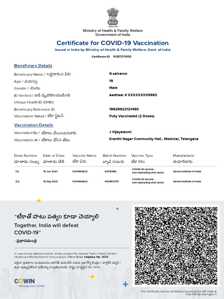 Covid Vaccine Certificate | PDF | Health Sciences | Medical Specialties