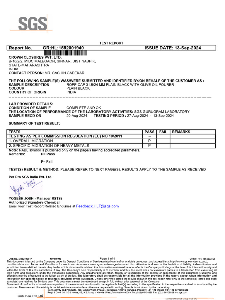 Migration Test Report - Ropp Cap With Olive Oil Pourer | PDF ...