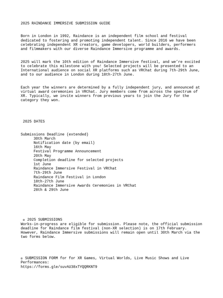 2025 Raindance Immersive Submission Guide | PDF | Storytelling | Virtual Reality