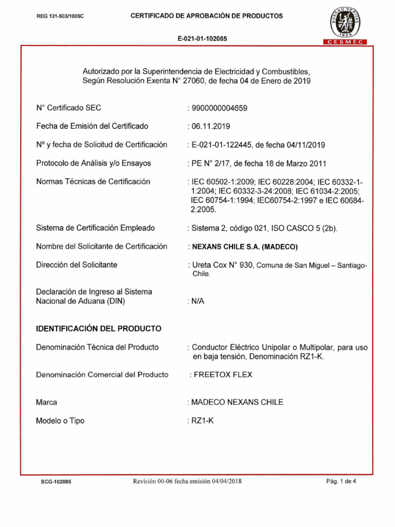 CESMEC E-021-01-102085 RZ1-K IEC indefinido | PDF