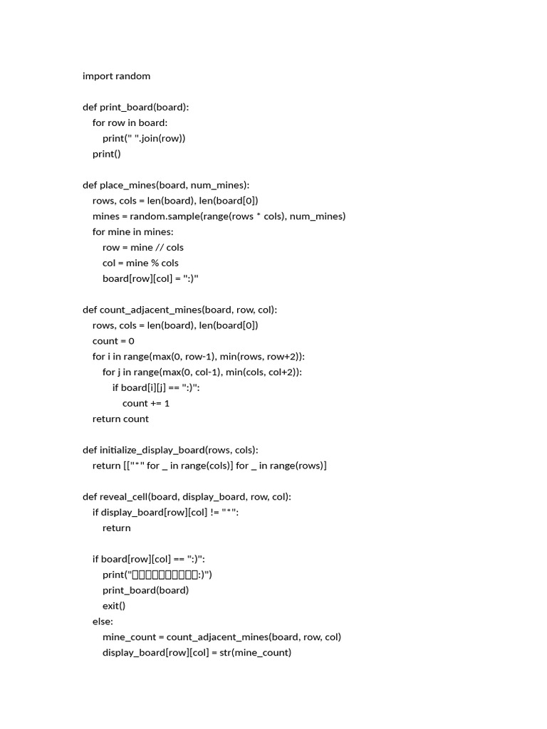 Python Minesweeper Game Code | PDF