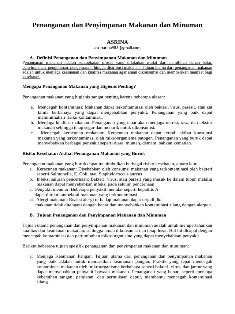 Penanganan Dan Penyimpanan Makanan Dan Minuman Asrina | PDF