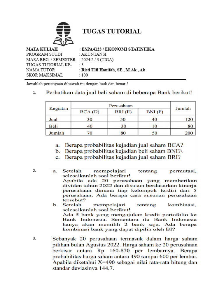 Tugas Tutorial 3 Ekonomi Statistika | PDF