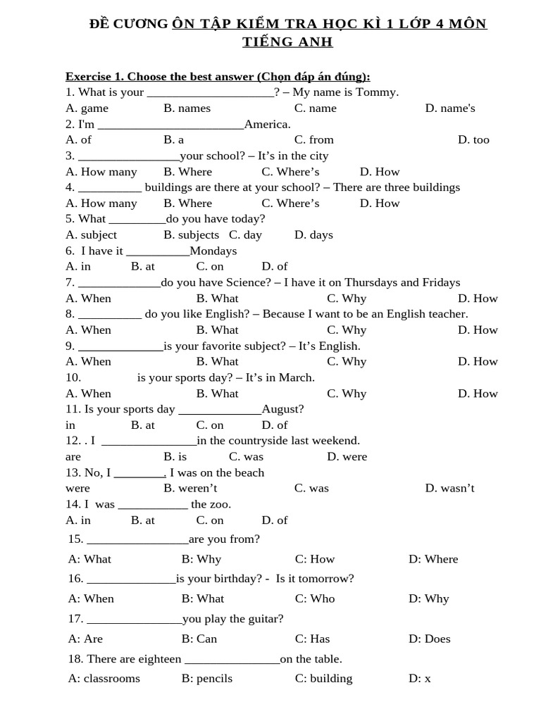 De Cuong On Tap Tieng Anh Lop 4 Hoc Ki 1 | PDF