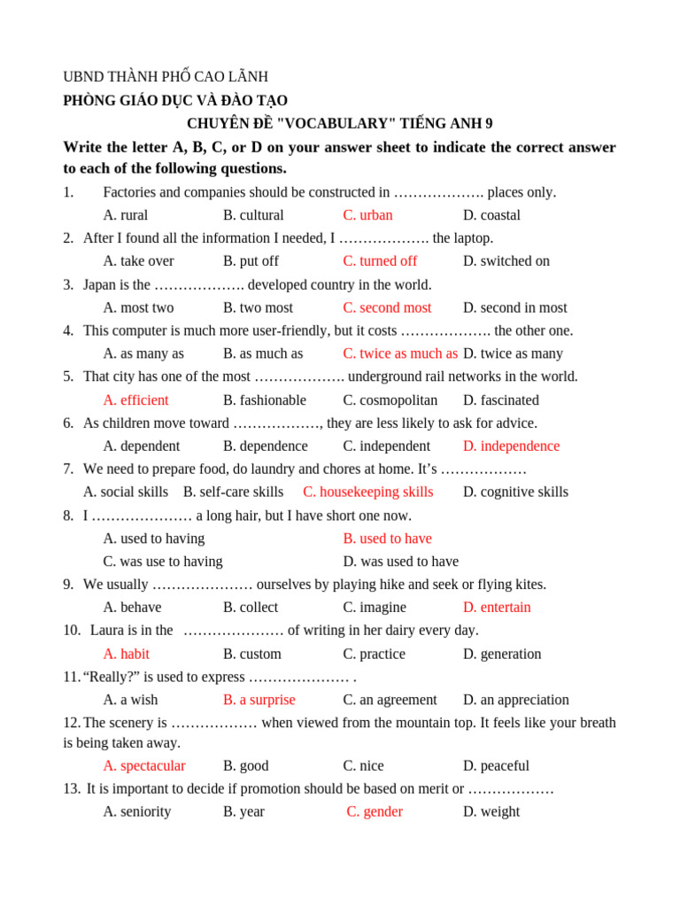 English Vocabulary Quiz for Grade 9 | PDF