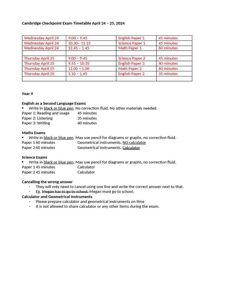 Year 9 Cambridge Checkpoint Exam Timetable April 24 | PDF