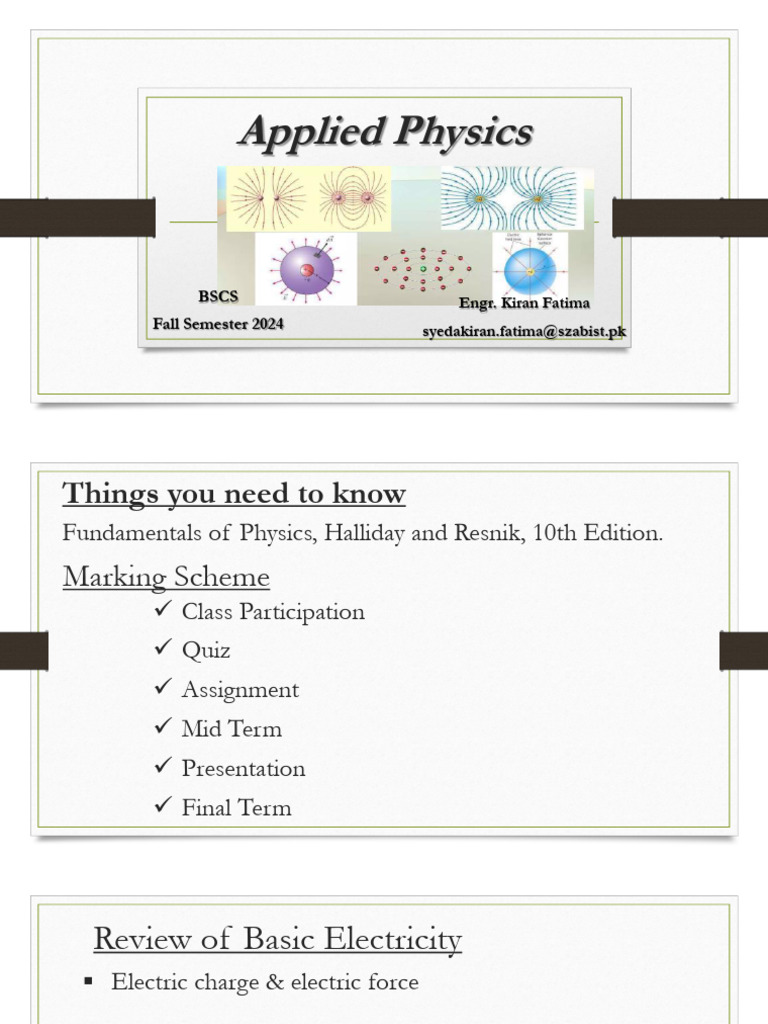 Applied Physics-Lecture 01 - SZABIST | PDF | Electric Charge | Electron