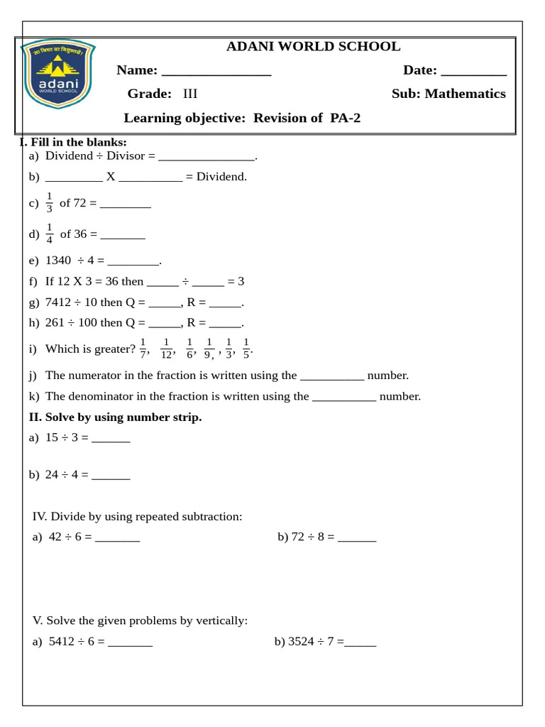 Revision Worksheet of PA-2 G-3 | PDF