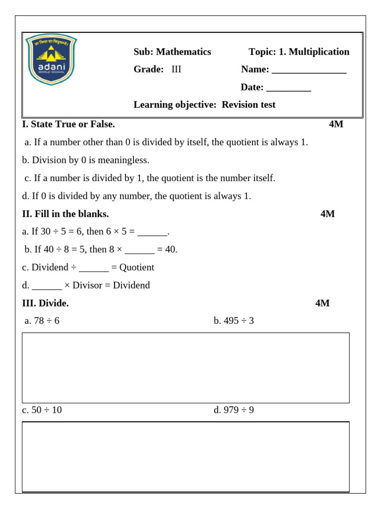 Revision Worksheet 1 g-3 Term-2 | PDF