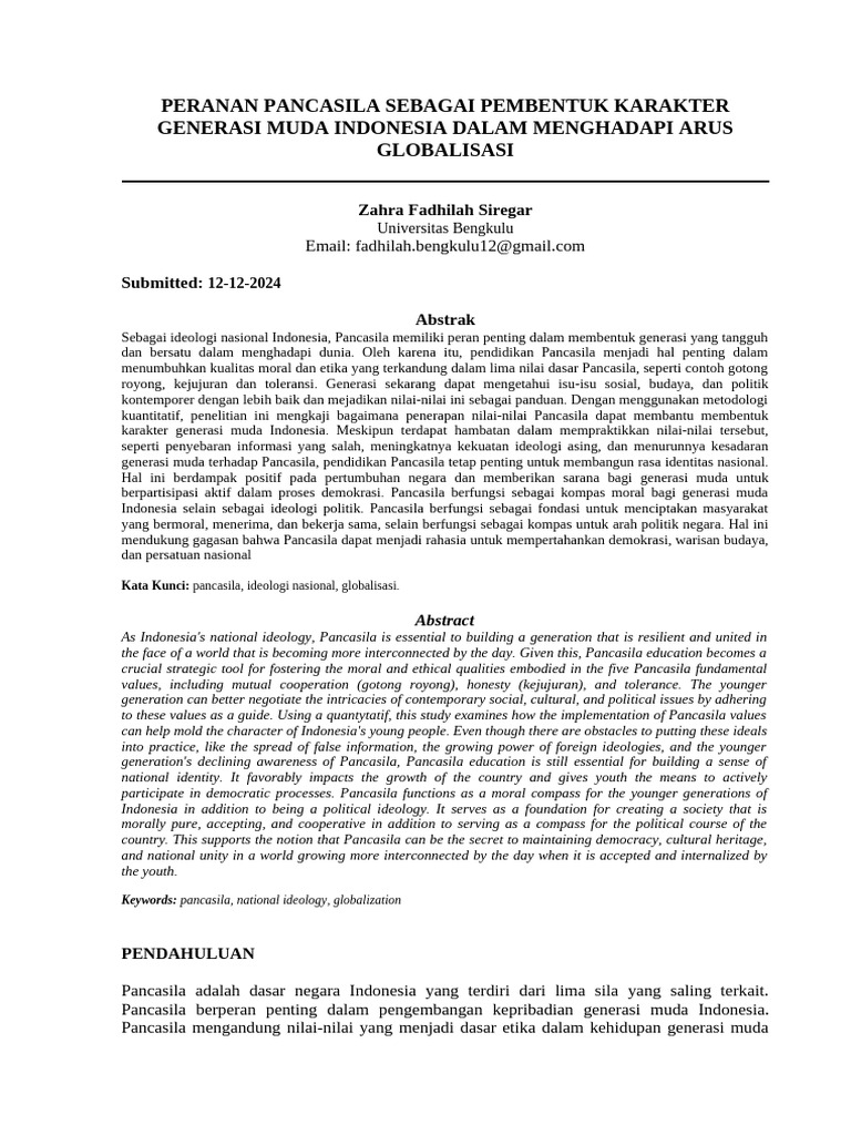 PERANAN PANCASILA SEBAGAI PEMBENTUK KARAKTER GENERASI MUDA INDONESIA DALAM MENGHADAPI ARUS ...