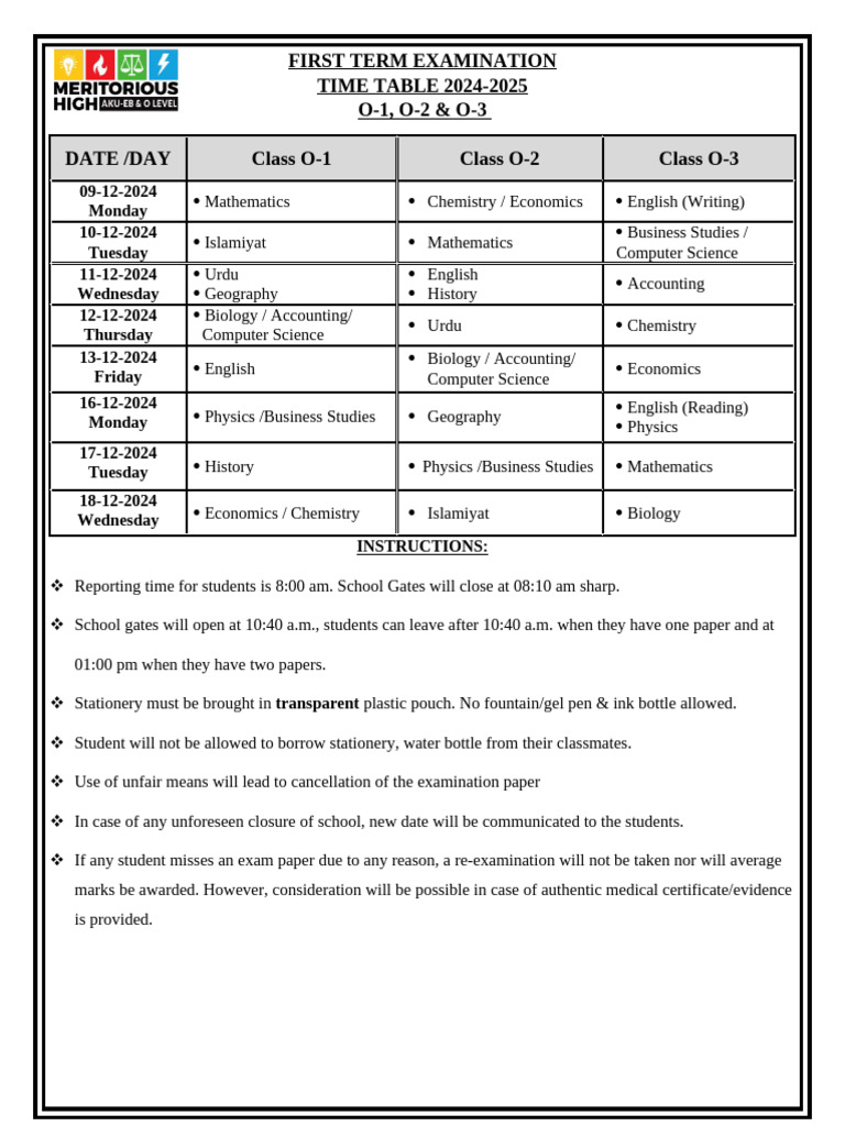 O Leve First Term Examination Time Table 2024-2025 | PDF | Science
