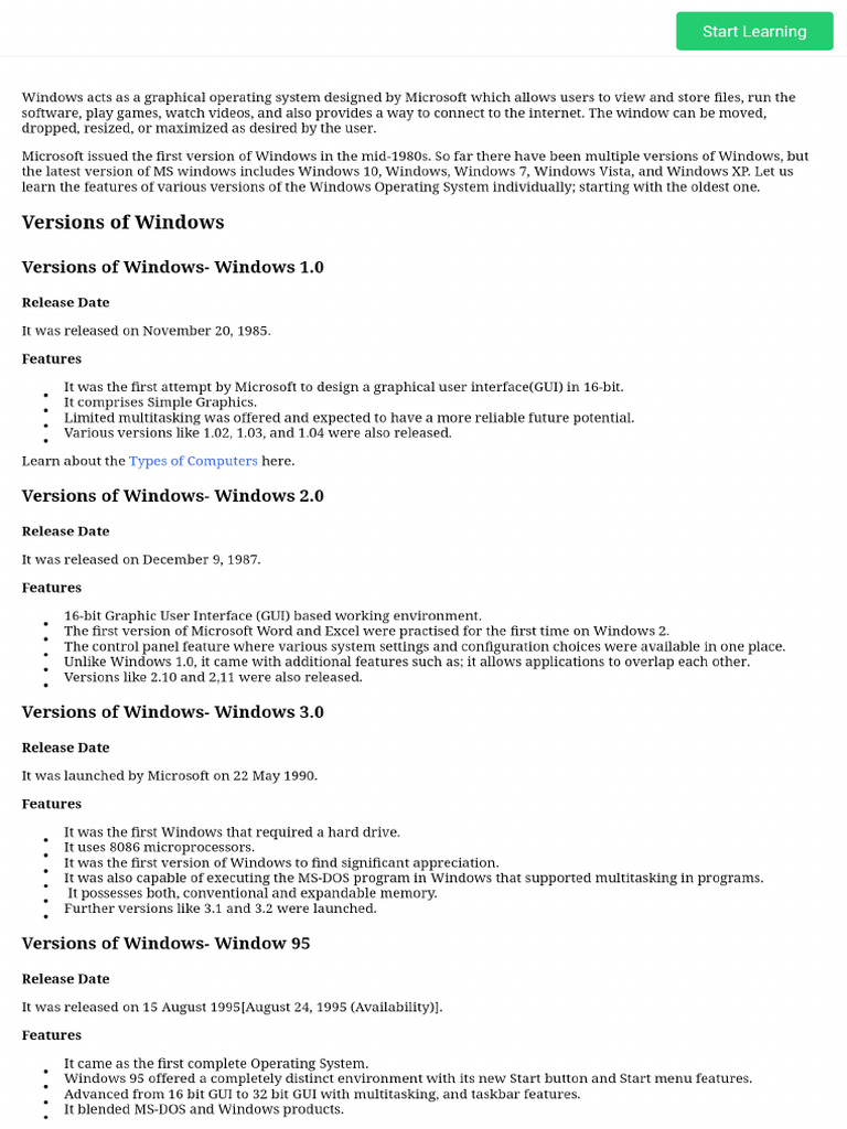 Different Versions of Windows - Detailed Explanation of All Version | PDF
