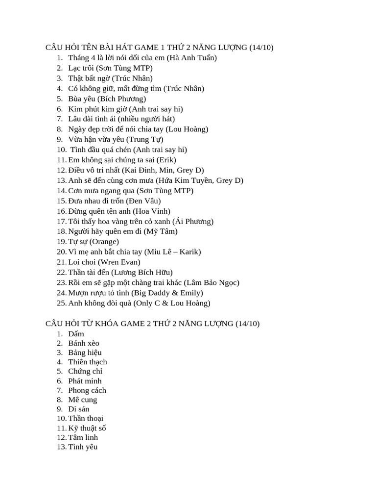 câu hỏi mini game 1 | PDF