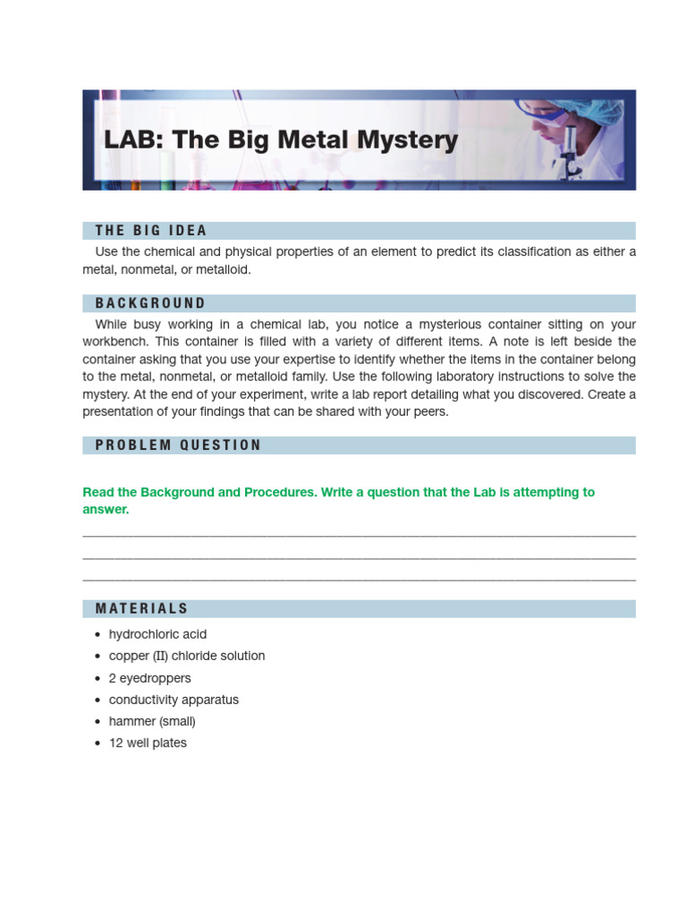 CHEM Lab The Big Metal Mystery | PDF | Metals | Chemical Elements