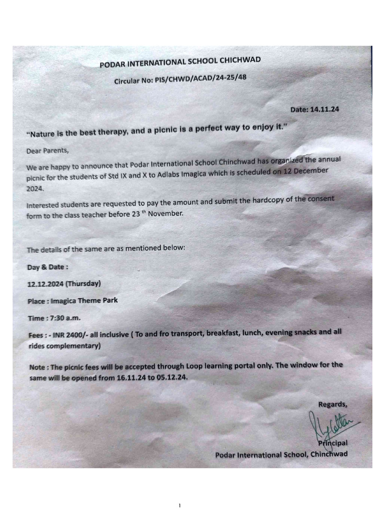 Picnic Circular STD IX and X | PDF