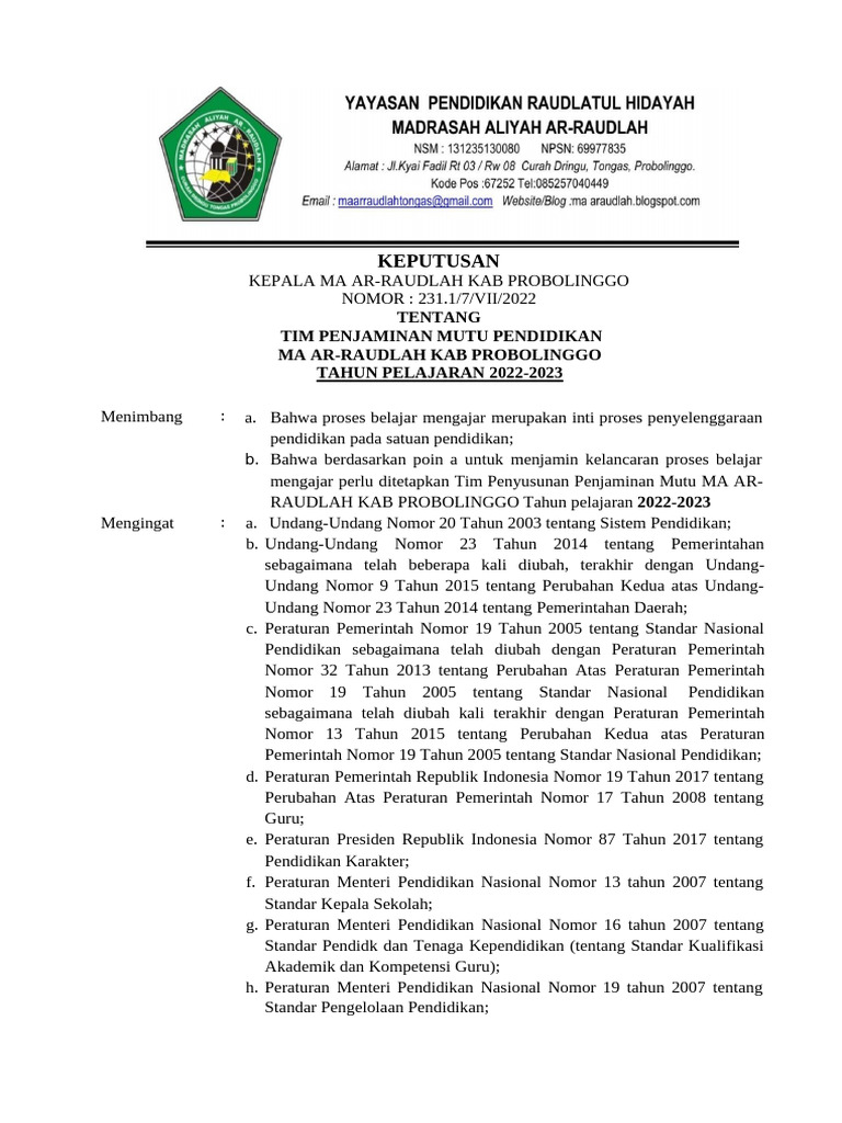 DOK1-1 SK TIM PENYUSUN TIM PENJAMINAN MUTU SEKOLAH (1) | PDF