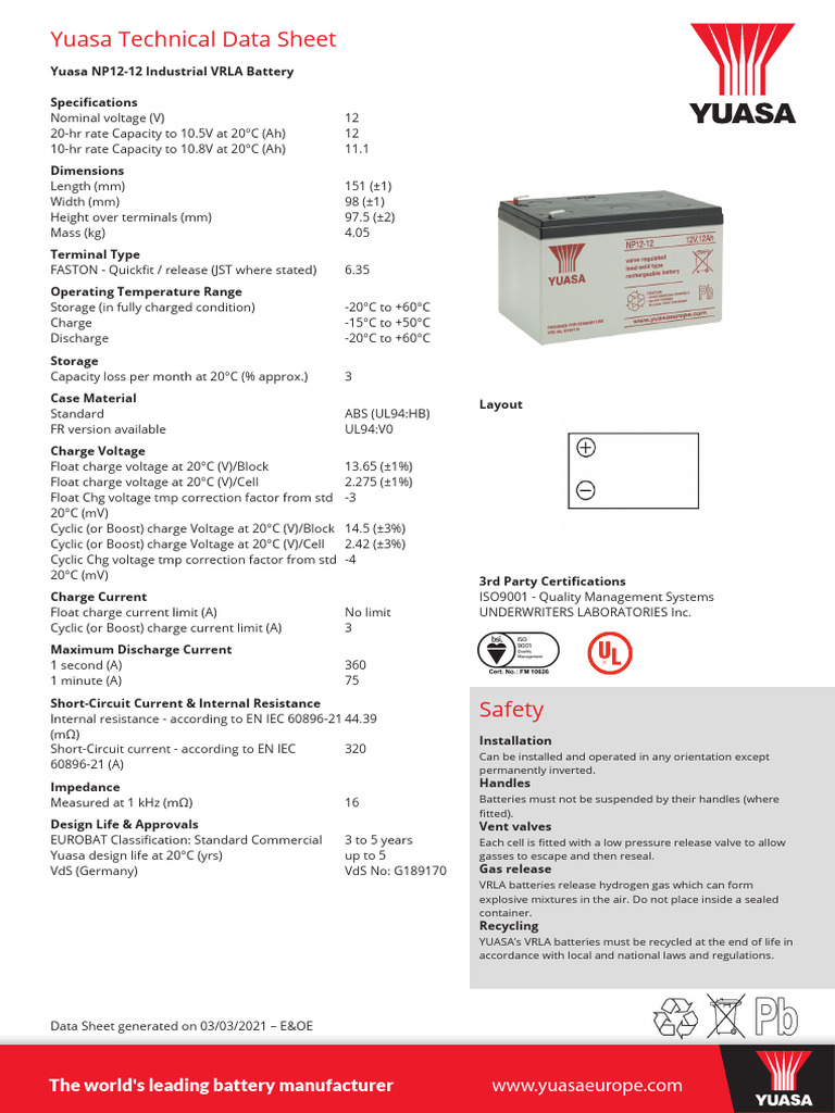 NP12 12 Yuasa Aku Datasheet - Cleaned | PDF | Energy Technology ...