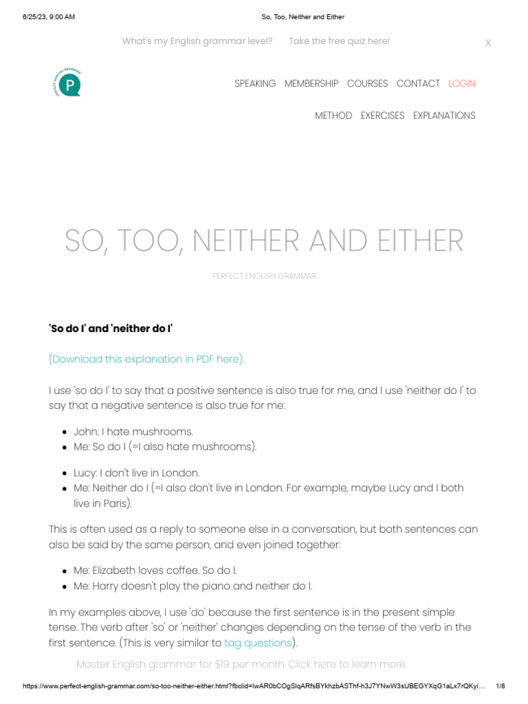 So, Too, Neither and Either | PDF | Verb | English Language