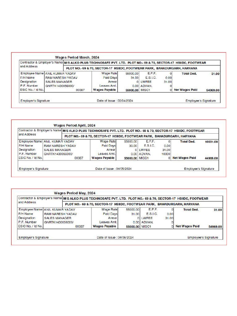Salary Slip Anil Kumar Yadav | PDF