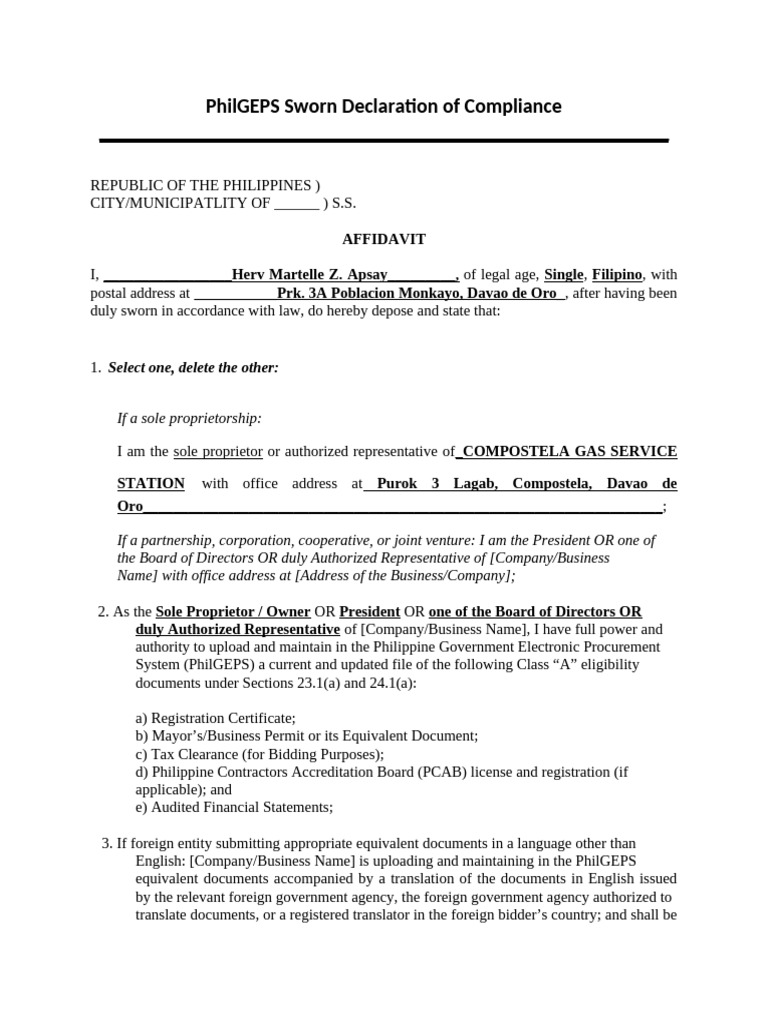 PhilGEPS Sworn Declaration of Compliance - BLANK | PDF | Sole ...