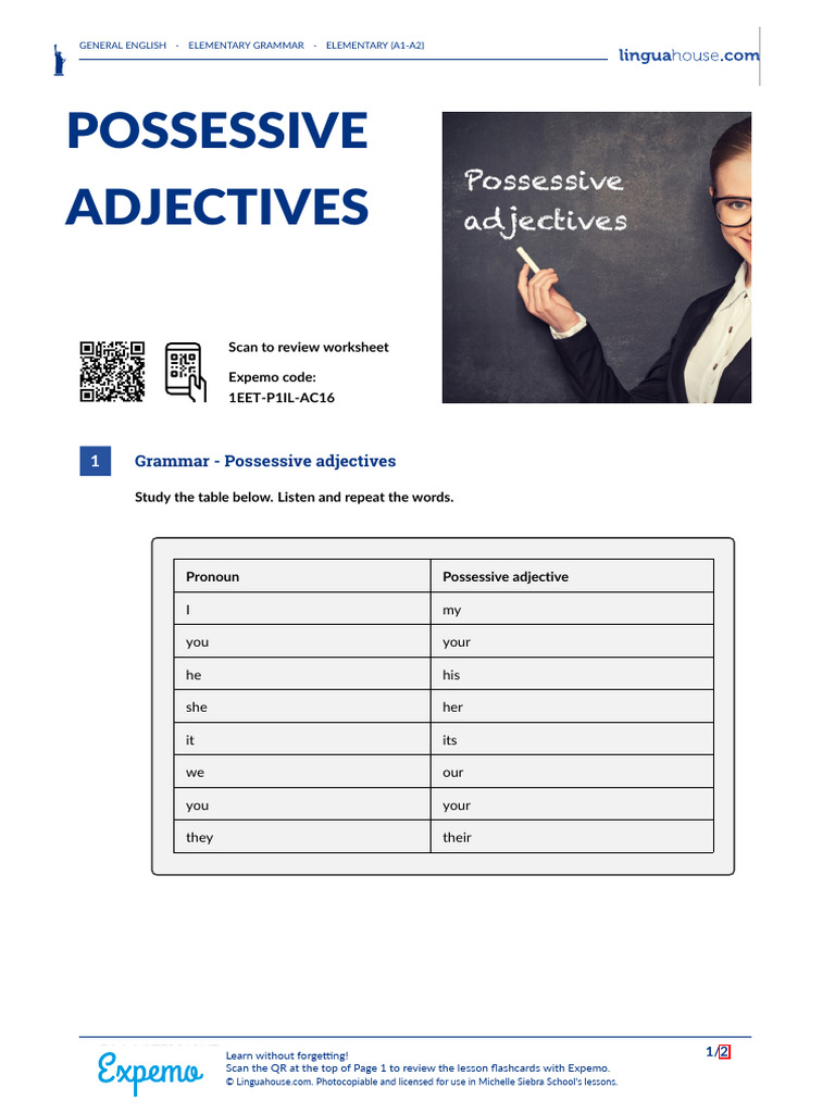 Possessive Adjectives American English Student A1 A2 | PDF | English ...