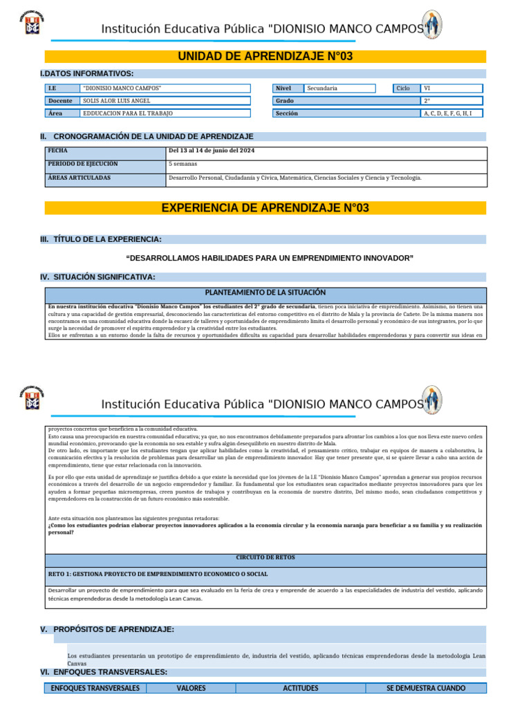 UNIDAD DE APRENDIZAJE N° 03 - EPT - 2DO | PDF | Iniciativa empresarial | Aprendizaje