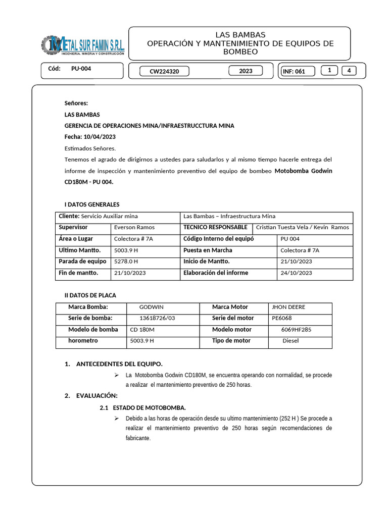0061-Informe de Mantto Motobomba Godwing Pu-004 - CD180M | PDF | Ingeniería mecánica