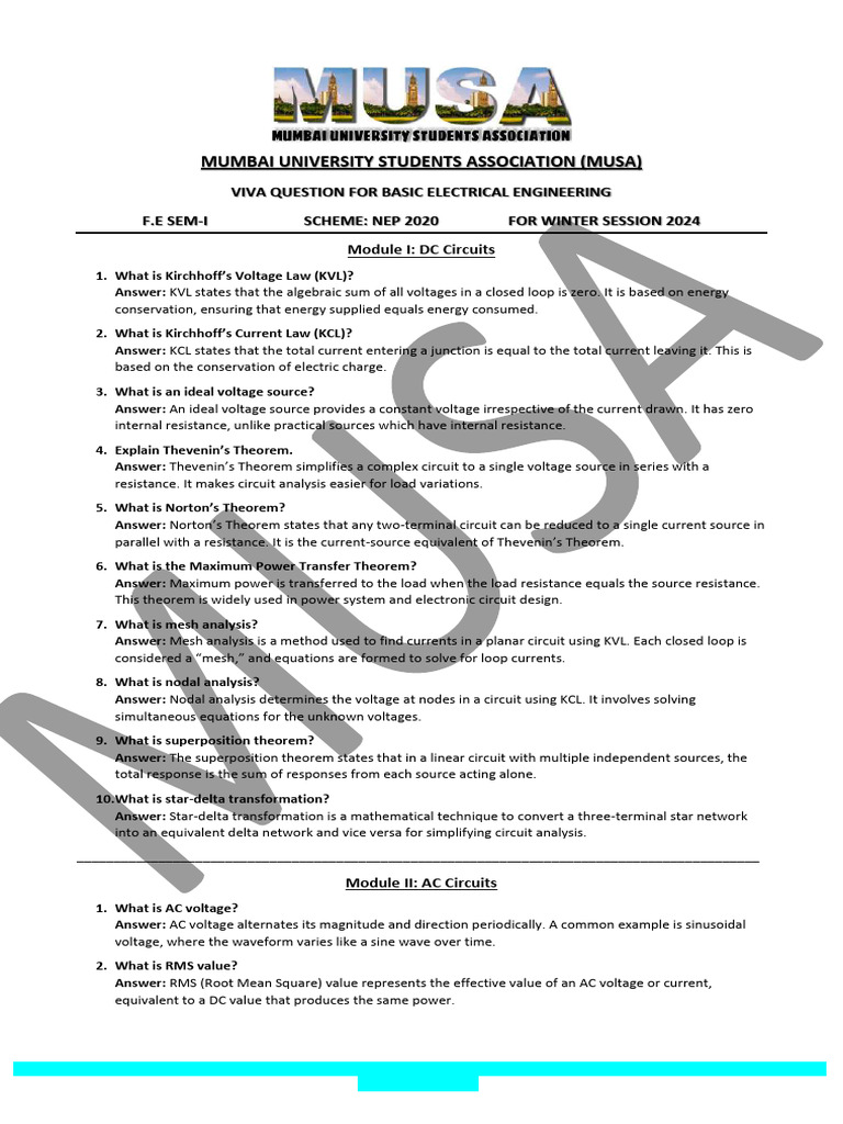 BEE Viva Question by MUSA NEP 2020 | PDF | Transformer | Bipolar Junction Transistor
