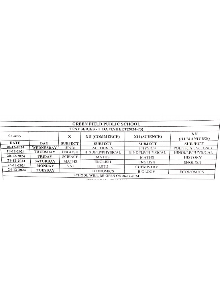 10 & 12 Test Series - 1 Date Sheet | PDF