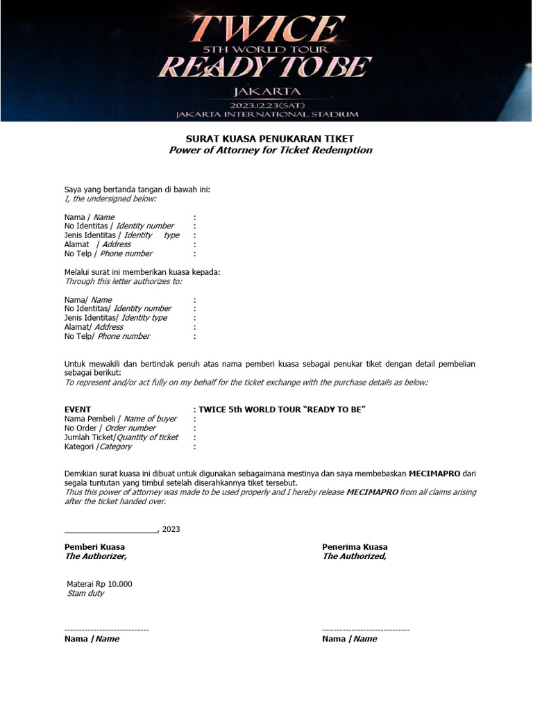 Surat Kuasa Penukaran Tiket - Twice | PDF