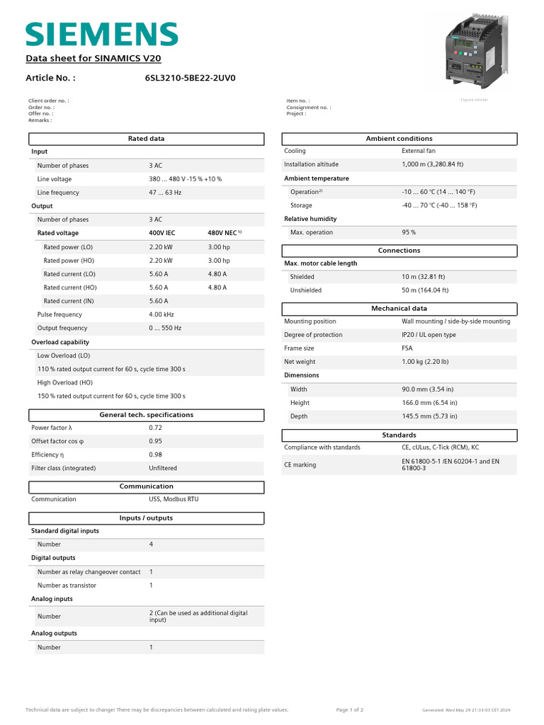 6SL3210-5BE22-2UV0 Datasheet en | PDF | Alternating Current | Hertz