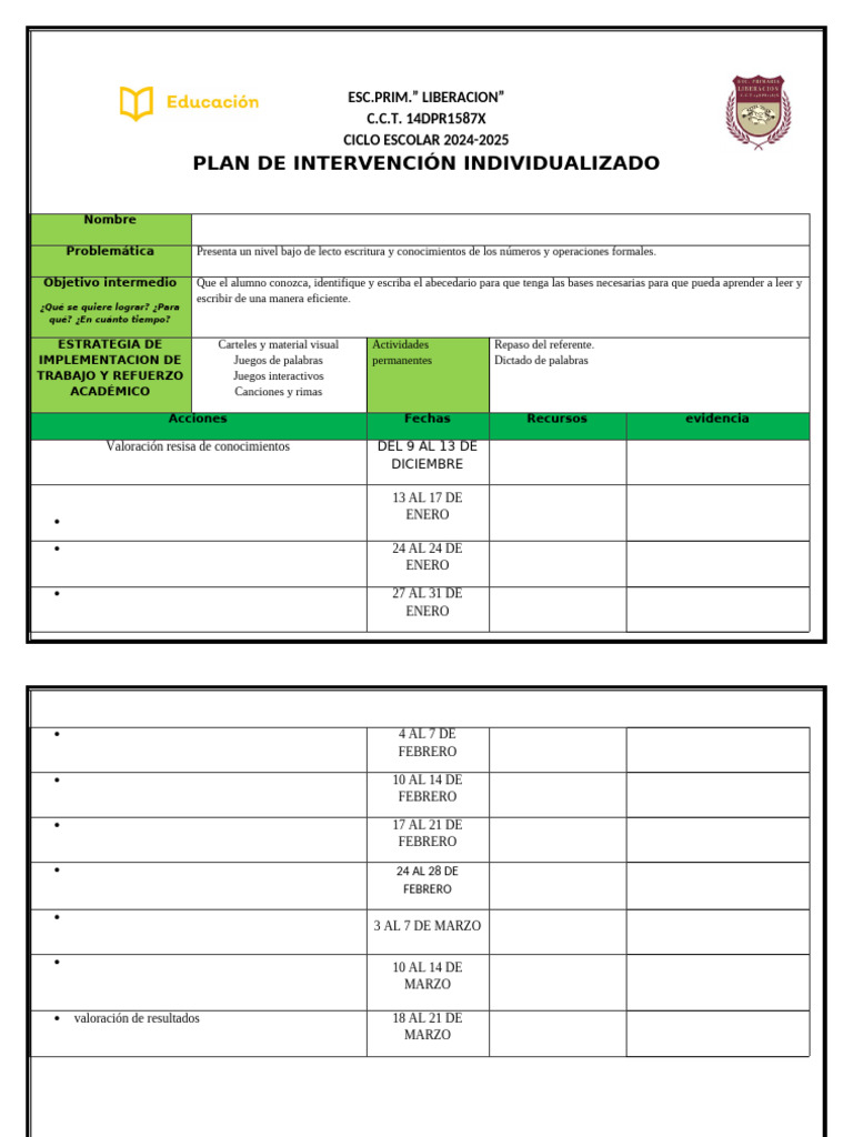PLAN DE INTERVENCIÓN Individualizado | PDF