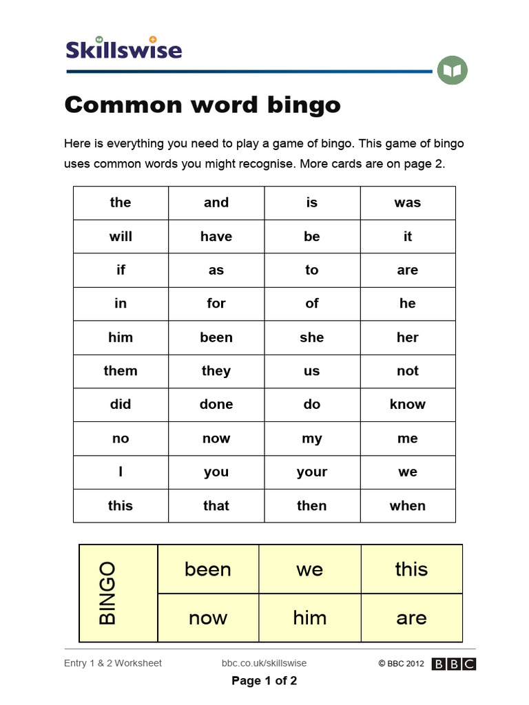 Common Word Bingo Game | PDF