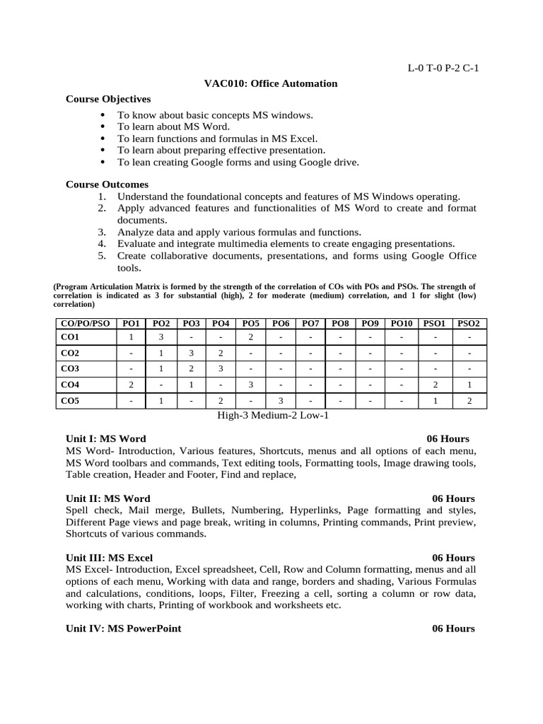 VAC010 - Office Automation | PDF | Microsoft Excel | Microsoft Word