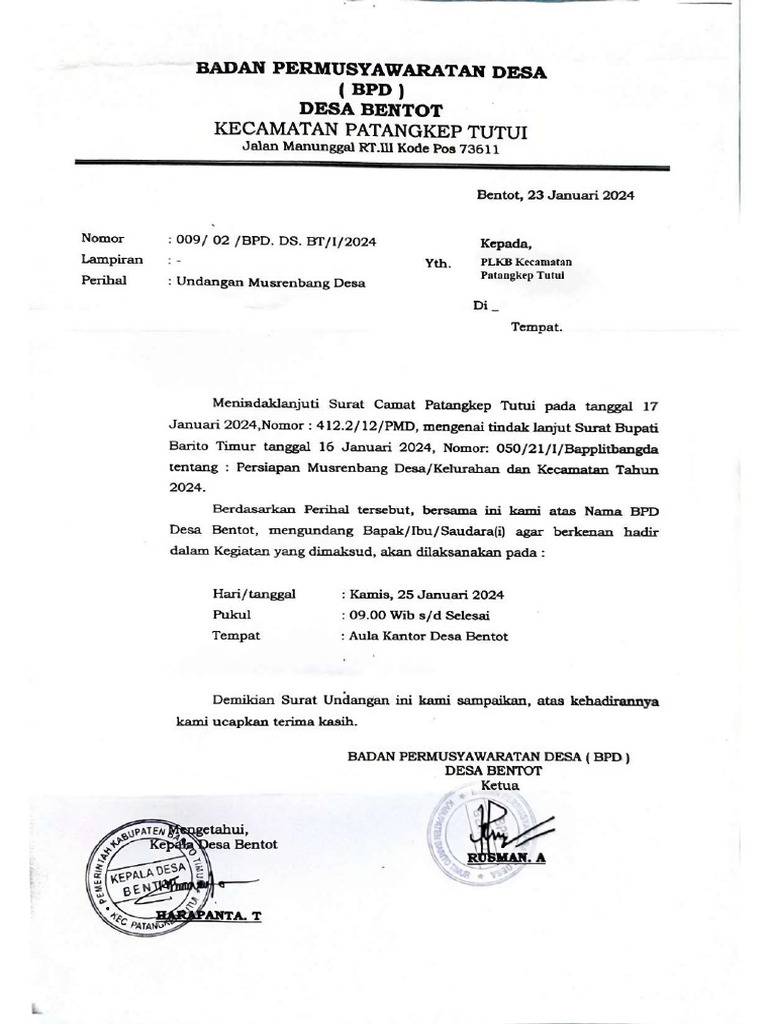 Lampiran 2_Undangan Musrenbangdes Bentot | PDF