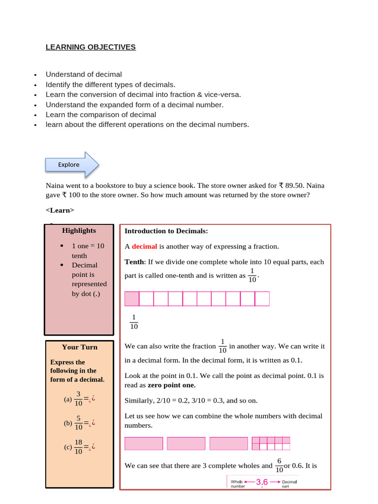 Grade 5_Ch5_Decimal_Reworked(1) 26-6-2023 | PDF | Multiplication | Decimal