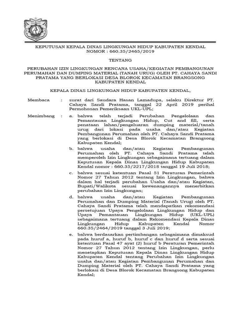 Perubahan Izin Lingkungan Rencana Usaha Kegiatan Pembangunan Perumahan Dan Dumping Material ...