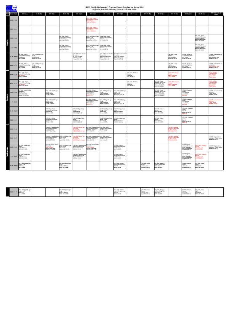 BSCS (1st & 2nd Years Semester) Program Classes Schedule For Spring 2024 | PDF | Mathematical ...