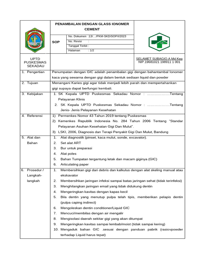 SOP Penambalan Dengan Glass Ionomer Kaca | PDF
