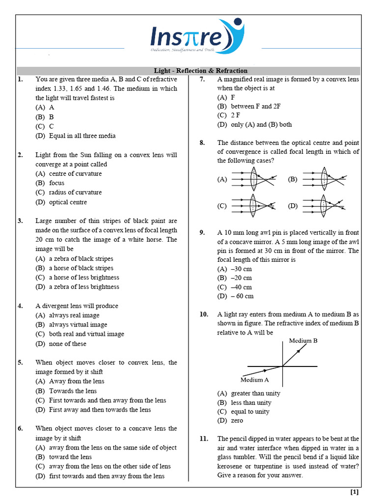 Light - Reflection & Refraction Practice Sheet | PDF | Optics | Electromagnetic Radiation